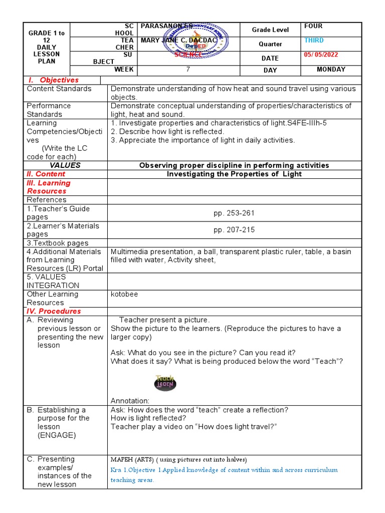 DLP Science Q3 - Classroom Observation | PDF | Reflection (Physics) | Mirror