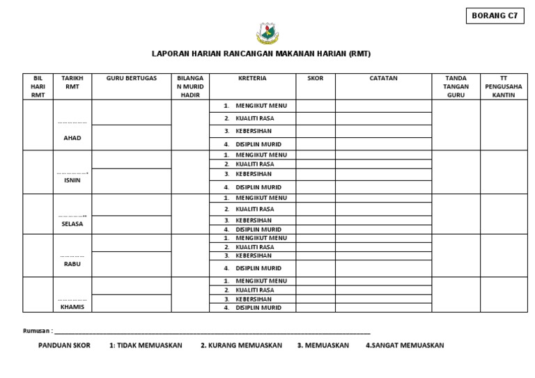 Laporan Harian Rancangan Makanan Harian Borang C7 | PDF