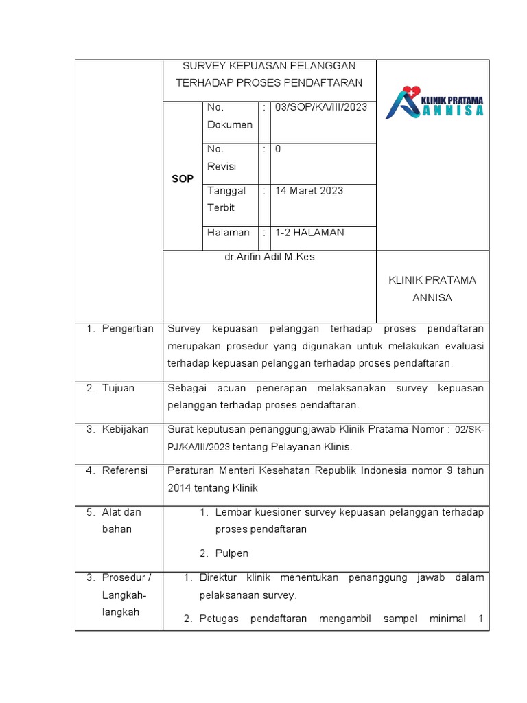 PKP 1 Ep 5 Sop Dan Daftar Tilik Survey Kepuasan Pendaftaran | PDF