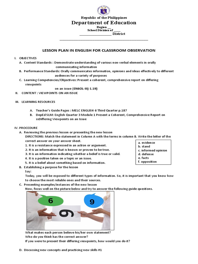 Lesson Plan in English For Classroom Observation | PDF | Sentence (Linguistics) | Learning
