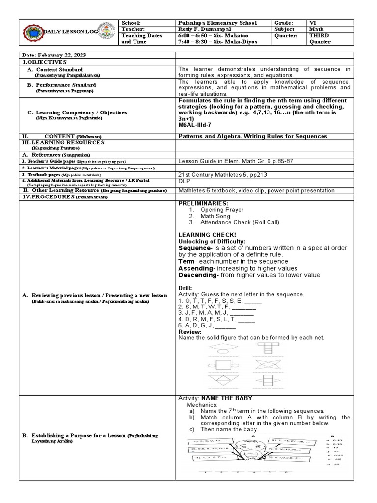 Math 6-COT 1 - Formulates The NTH Term Rule | PDF | Learning | Mathematics