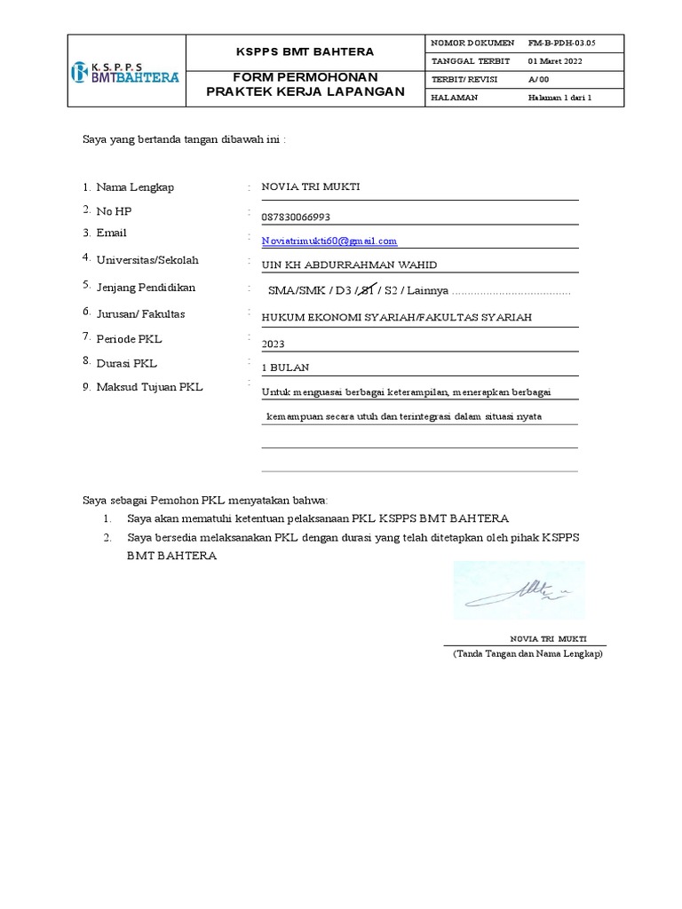 FORM PERMOHONAN PKL KSPPS BMT BAHTERA Novia Trimukti | PDF