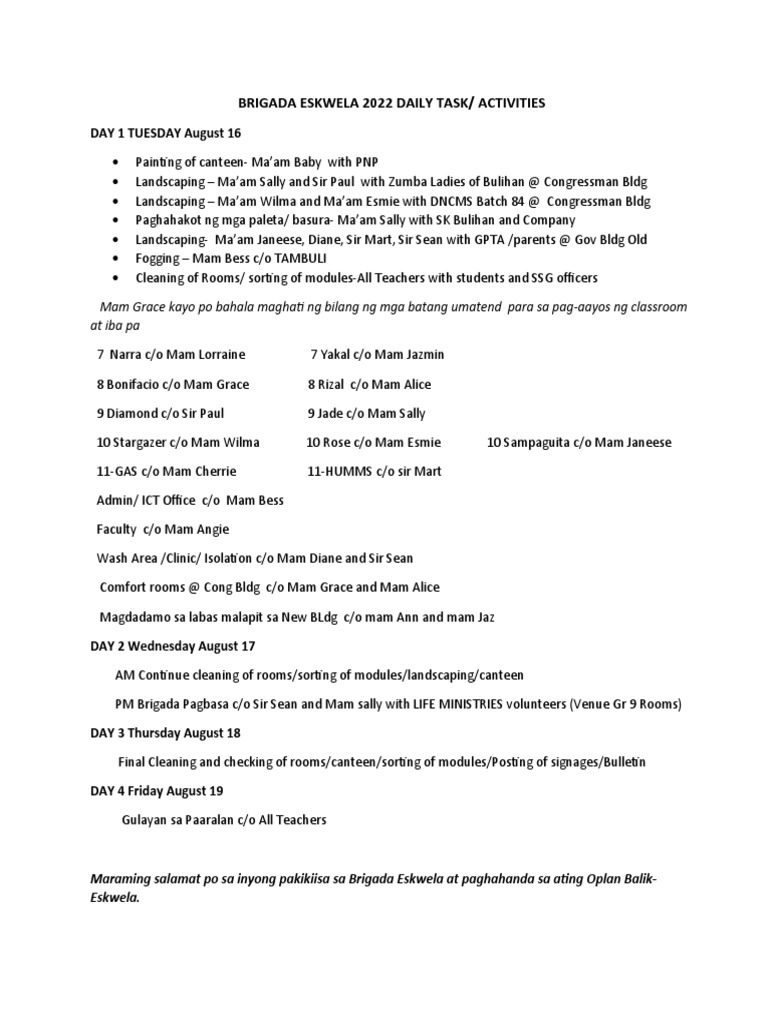 Brigada Eskwela 2022 Tasks & Activities | PDF
