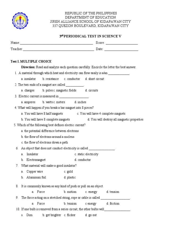 3rd Periodical Science Test V | PDF | Electricity | Electric Current