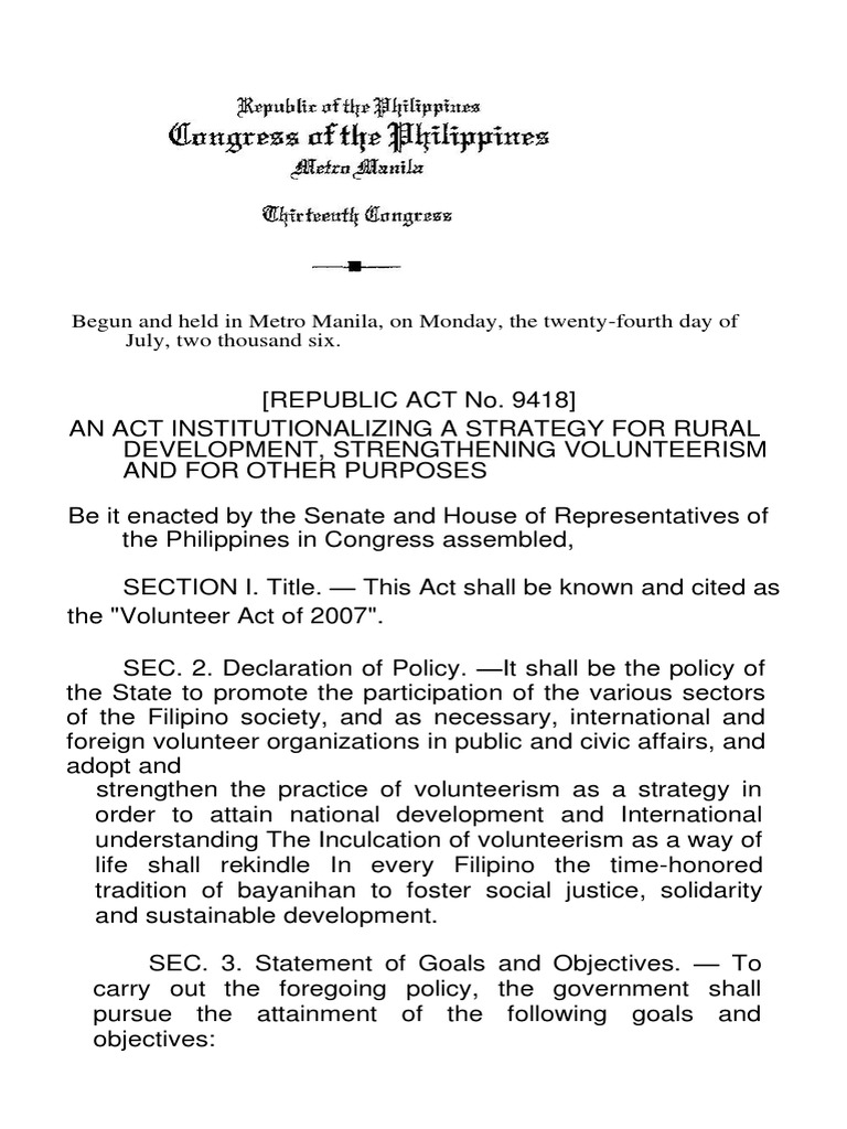 Ra 9418 - Volunteer Act | PDF | Volunteering | Travel Visa