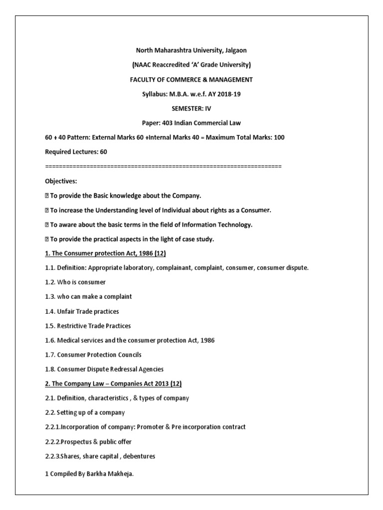 An Overview of the Indian Commercial Law Syllabus for Semester IV of ...