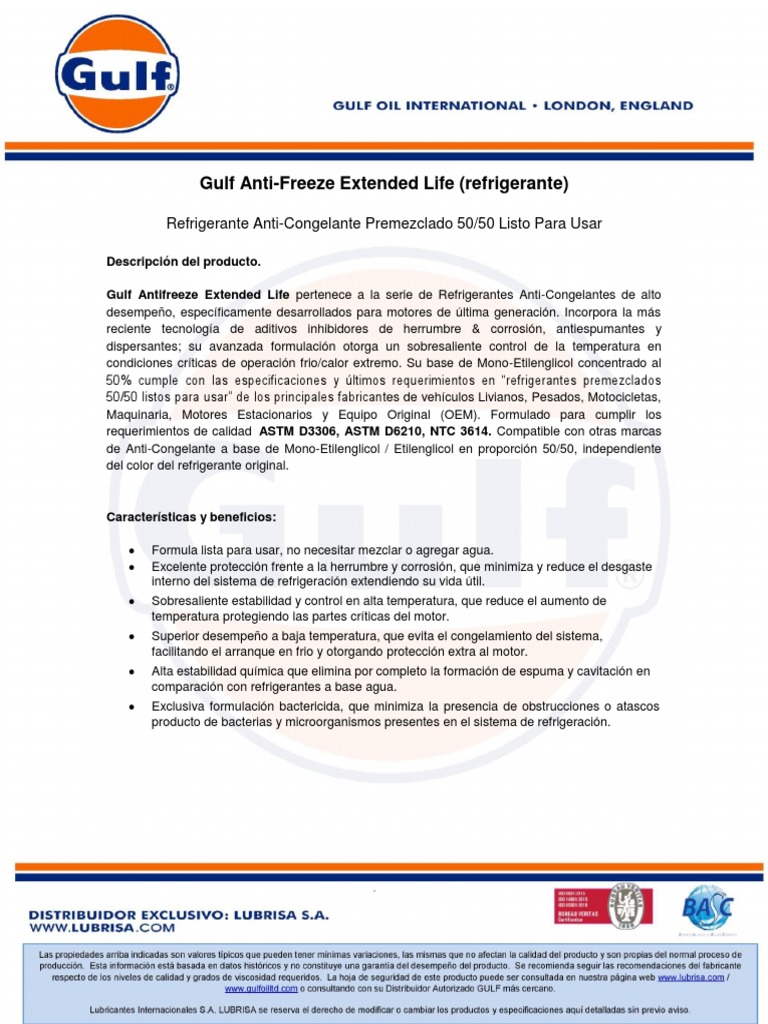 Refrigerante Gulf Anti-Freeze 50/50 | PDF | Química | Ciencias fisicas