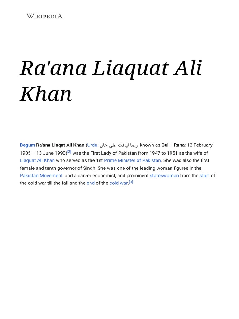 Ra'ana Liaquat Ali Khan - Wikipedia | PDF | Government | Asia