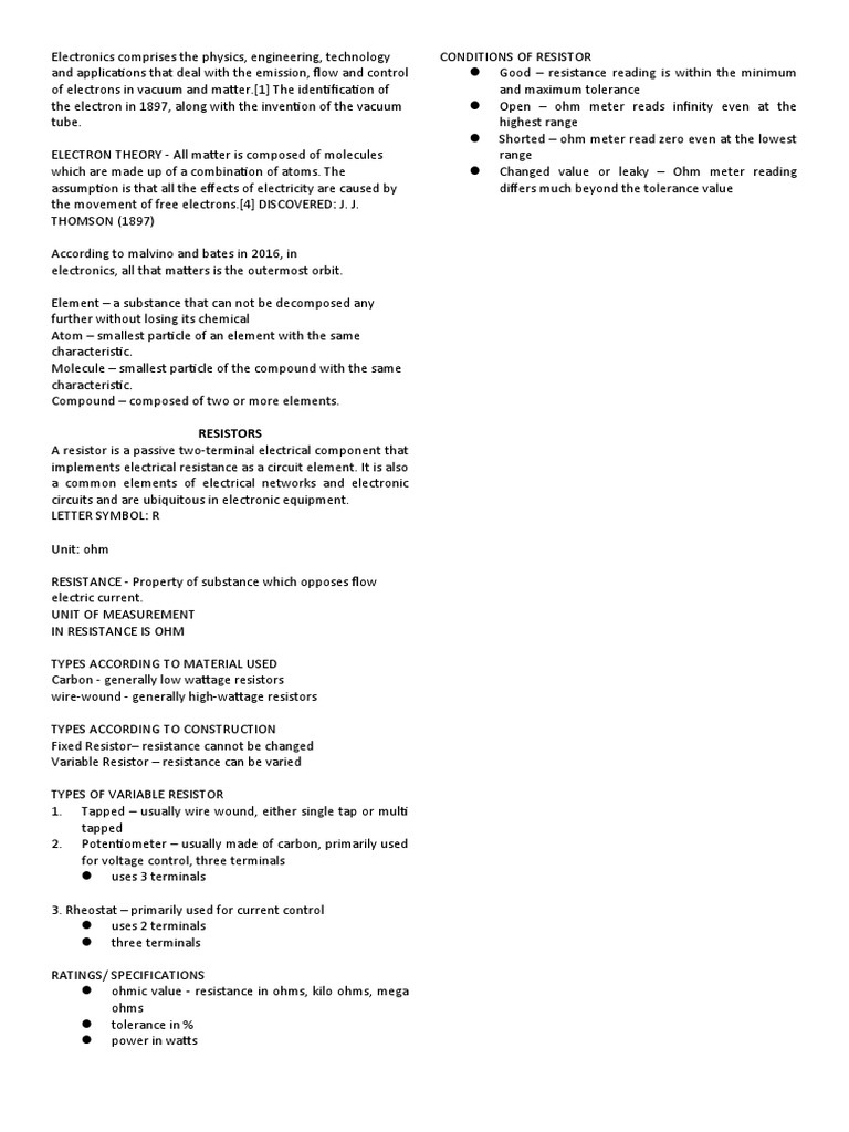 Electronics Notes | PDF | Resistor | Electrical Resistance And Conductance
