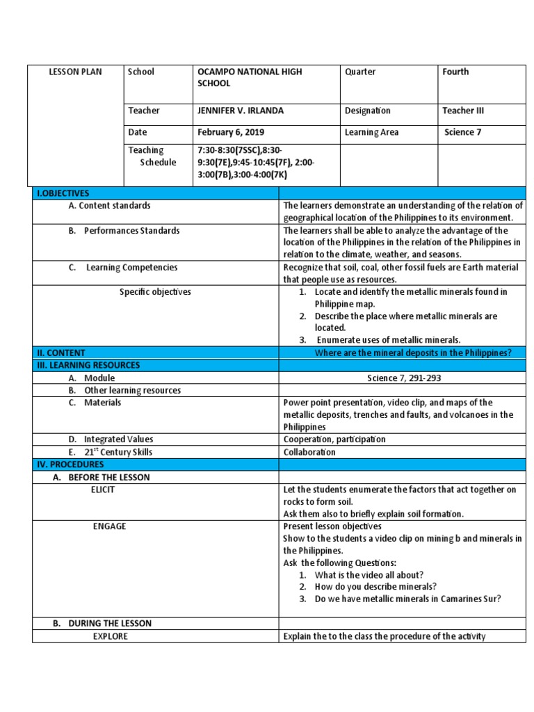Lesson Plan | PDF | Learning | Minerals
