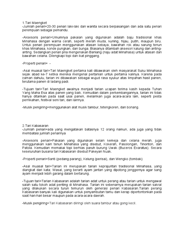 Tari Tradisional Minahasa: Maengket, Kabasaran, Katrili | PDF | Seni