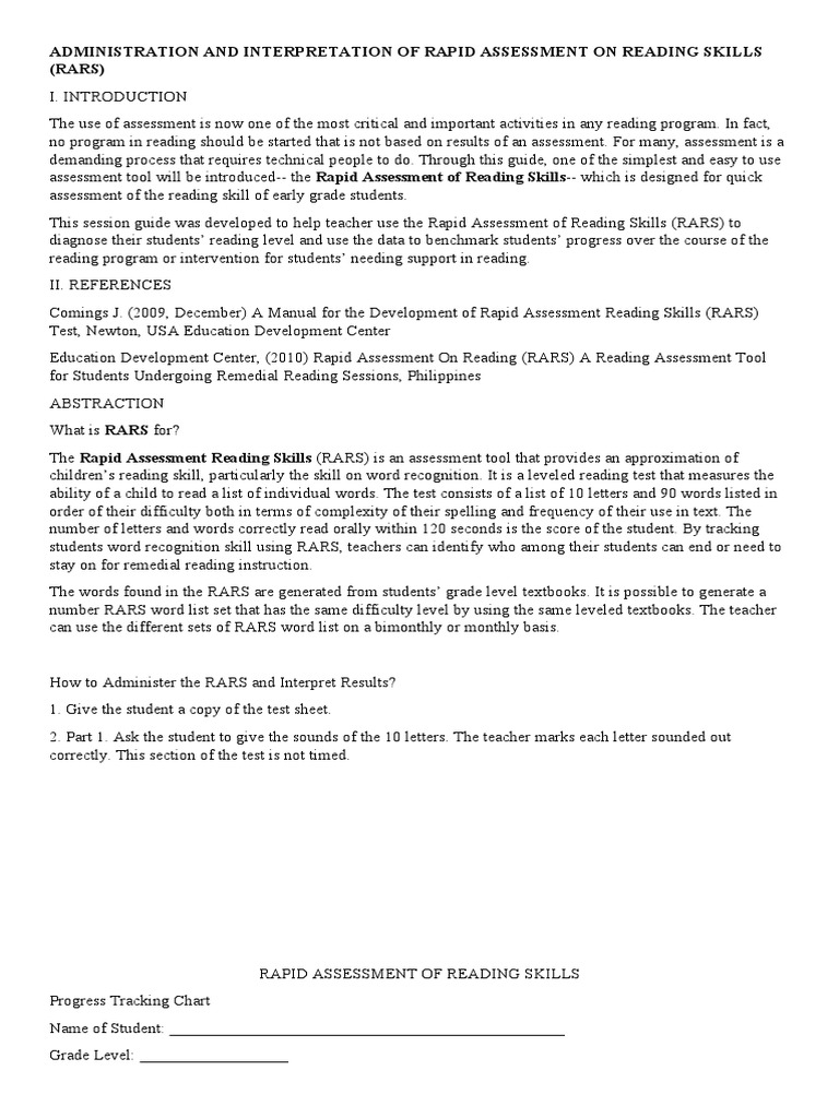 Administration of Rapid Assessment On Reading Skills Rars | PDF ...