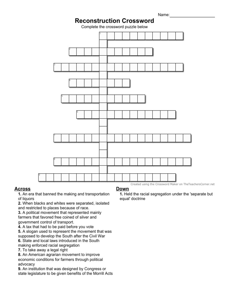 Reconstruction Crossword: Across Down | PDF