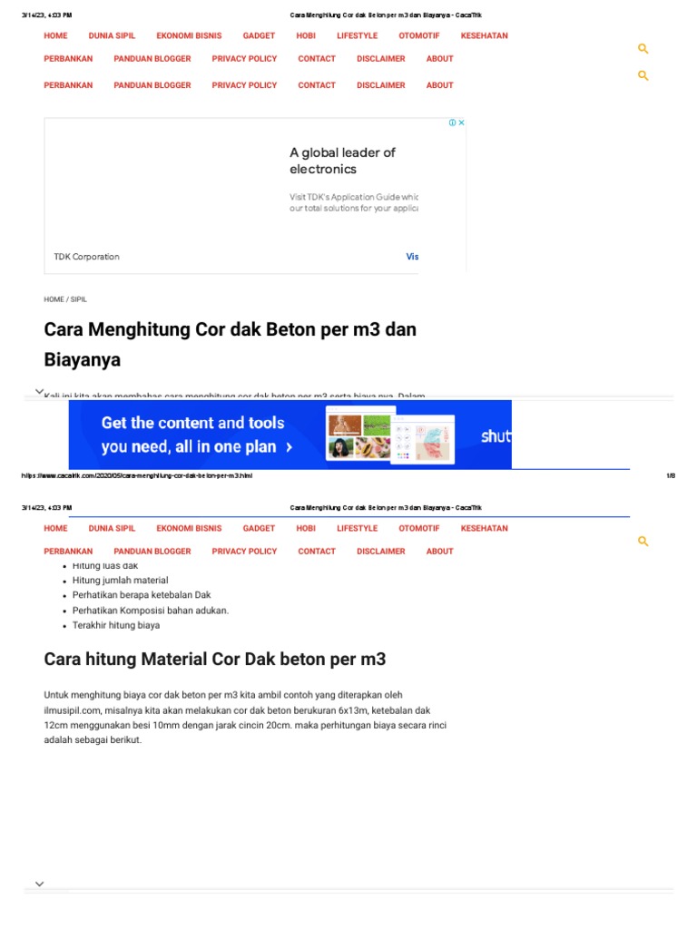 Cara Menghitung Cor Dak Beton Per m3 Dan Biayanya - CacaTrik | PDF