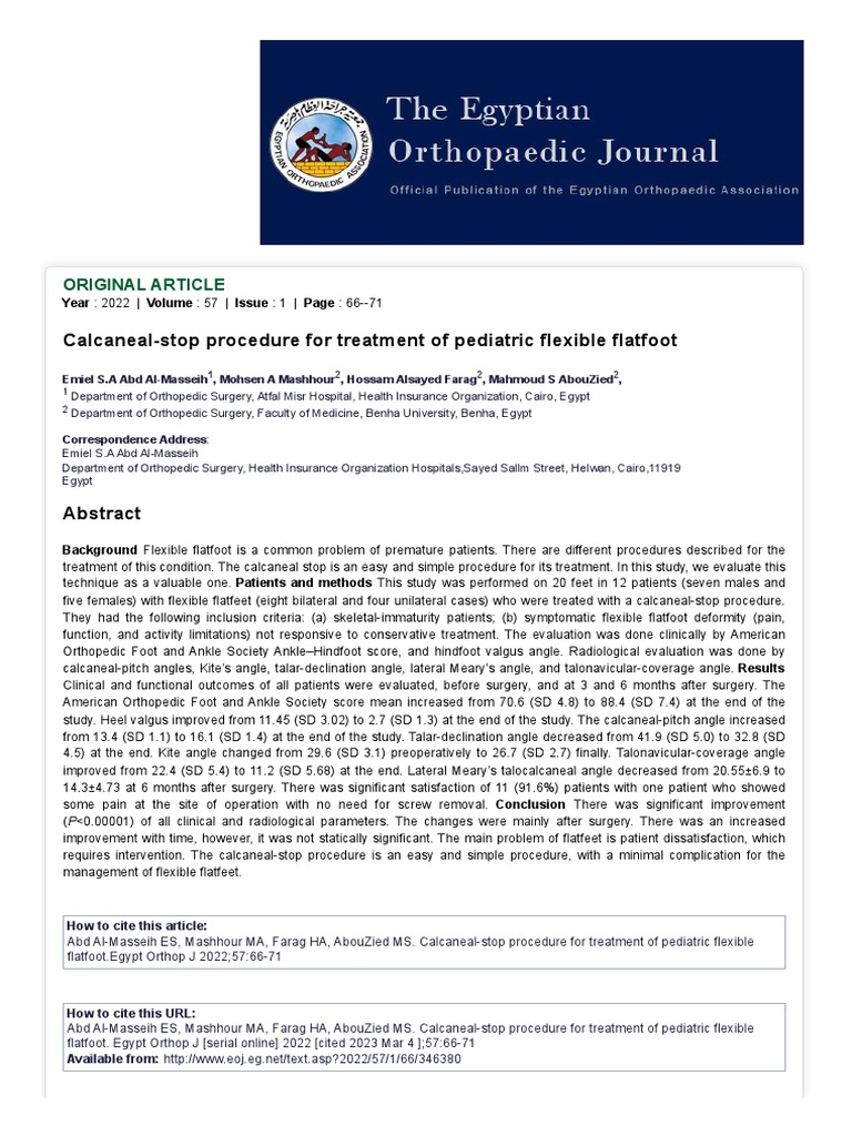 Calcaneal-Stop Procedure For Treatment of Pediatric Flexible Flatfoot ...