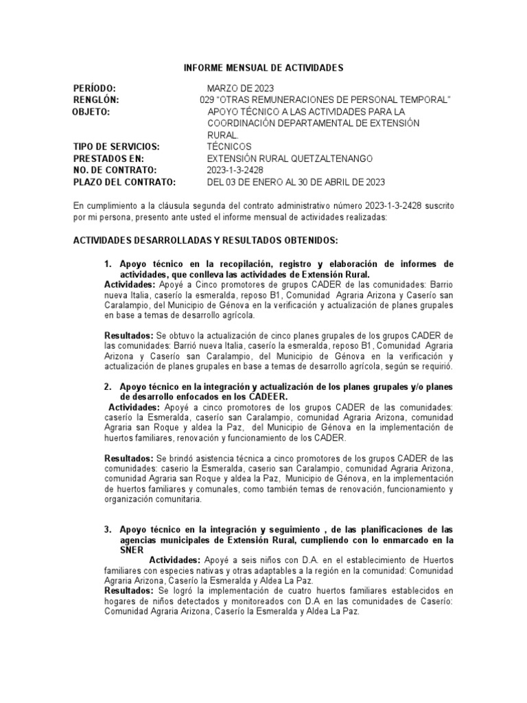 Informe Mensual de Actividades Marzo | PDF