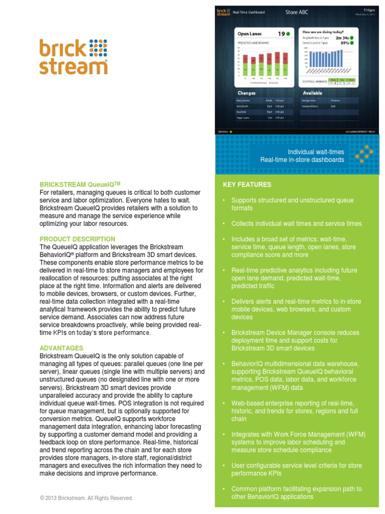 Brickstream QueueIQ Datasheet - 12-30-13 | PDF | Analytics | Performance Indicator