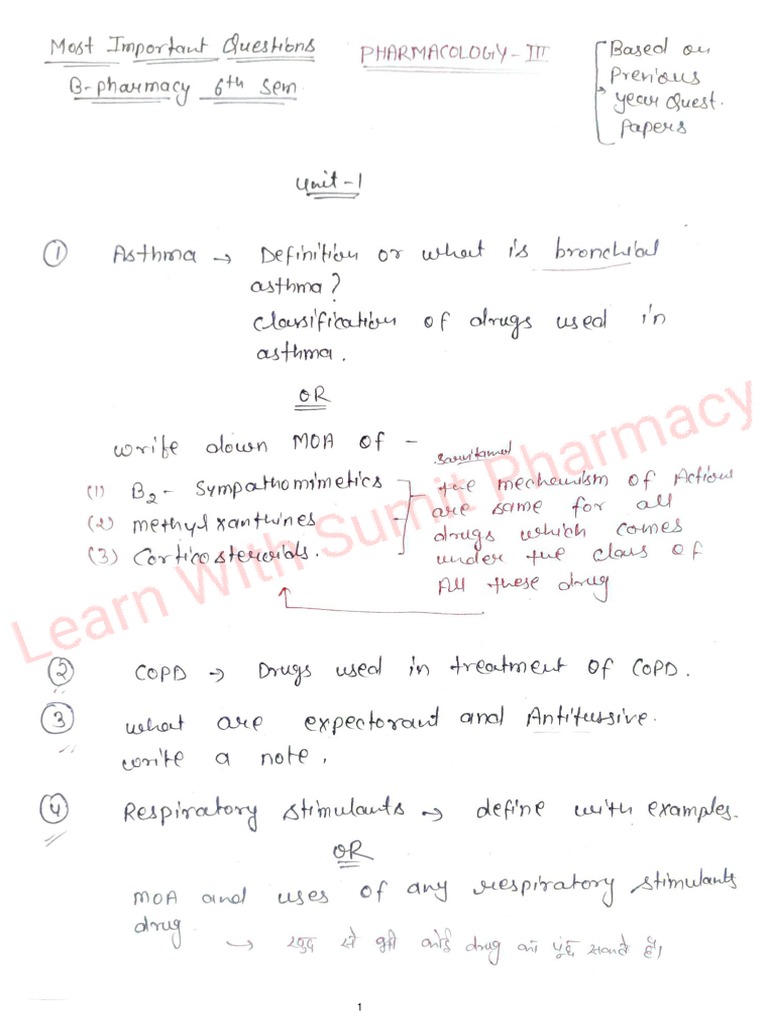 Pharmacology-III Most Imp Questions (6th Sem) | PDF