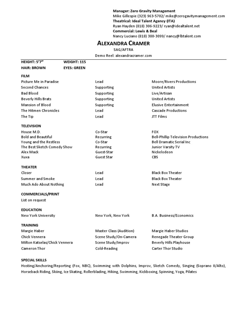 Alexandra Cramer: Acting Resume Overview | PDF
