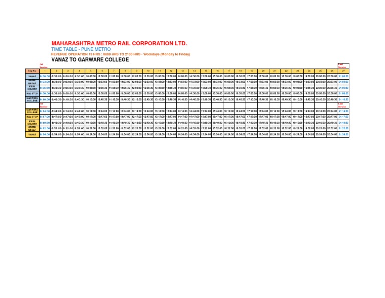 Pune Metro Time Table | PDF | Public Transport | Passenger Rail Transport