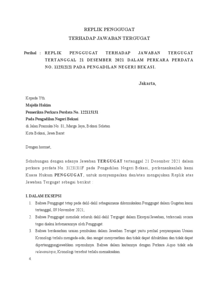 REPLIK Draft Perdata | PDF