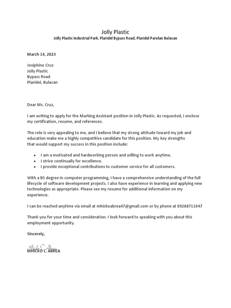Abrea, Mhicko Application Letter PDF | PDF | Business