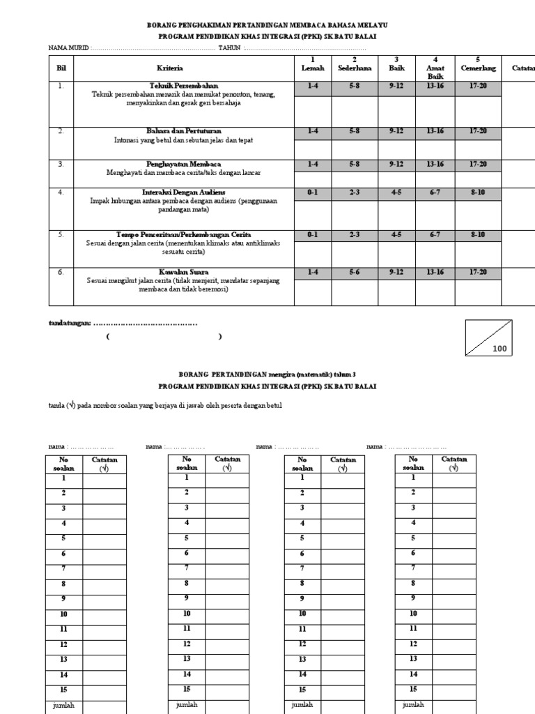 BORANG PENGHAKIMAN PERTANDINGAN MEMBACA BAHASA MELAYU | PDF