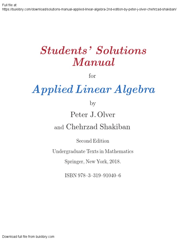401 Sample Solutions Manual Applied Linear Algebra 2nd Edition by Peter J. Olver, Chehrzad ...