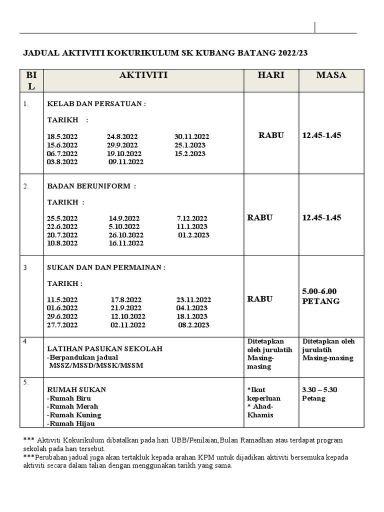 jadual kokurikulum skkb23.docx | PDF
