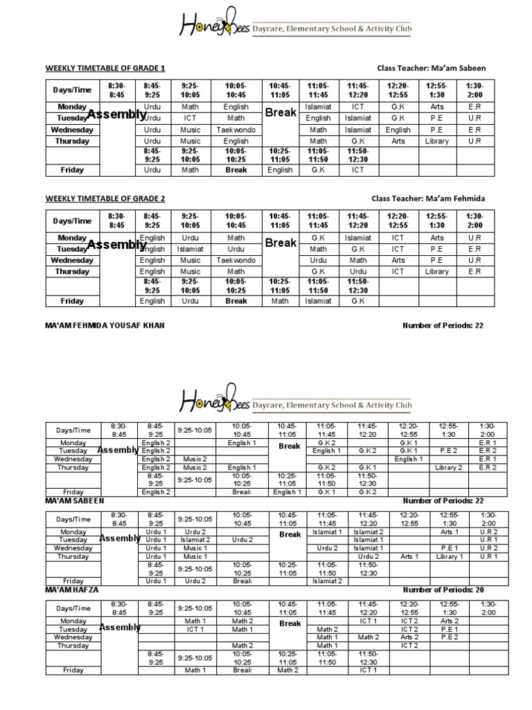 Grade 1 Weekly Timetable | PDF