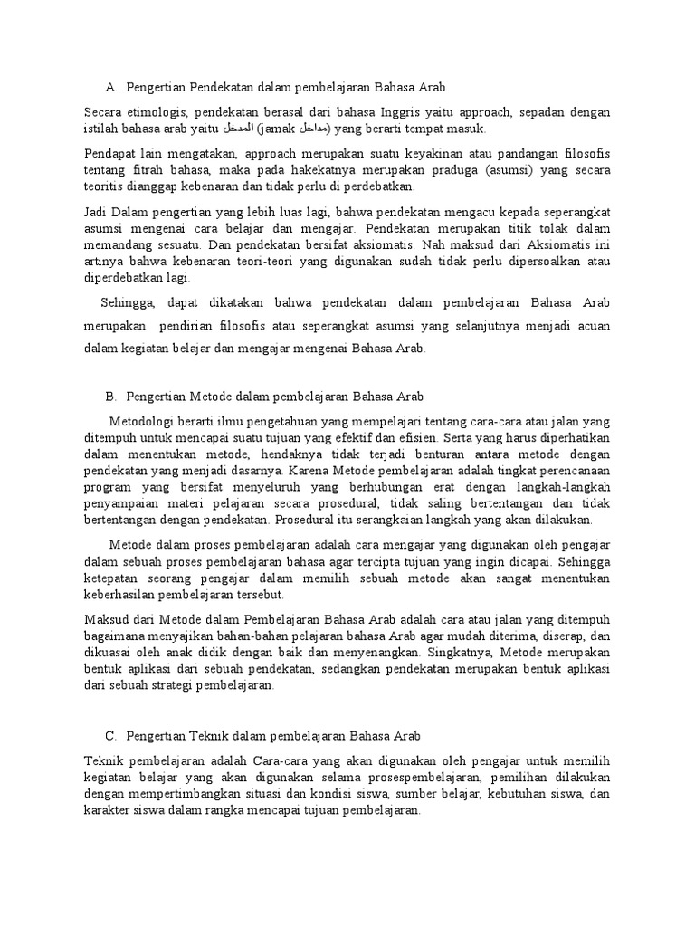 Pendekatan, Metode Dan Teknik Pembelajaran Bahasa Arab | PDF