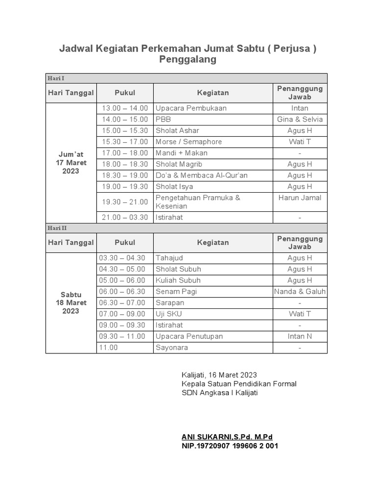 Jadwal Kegiatan Perkemahan Jumat Sabtu | PDF