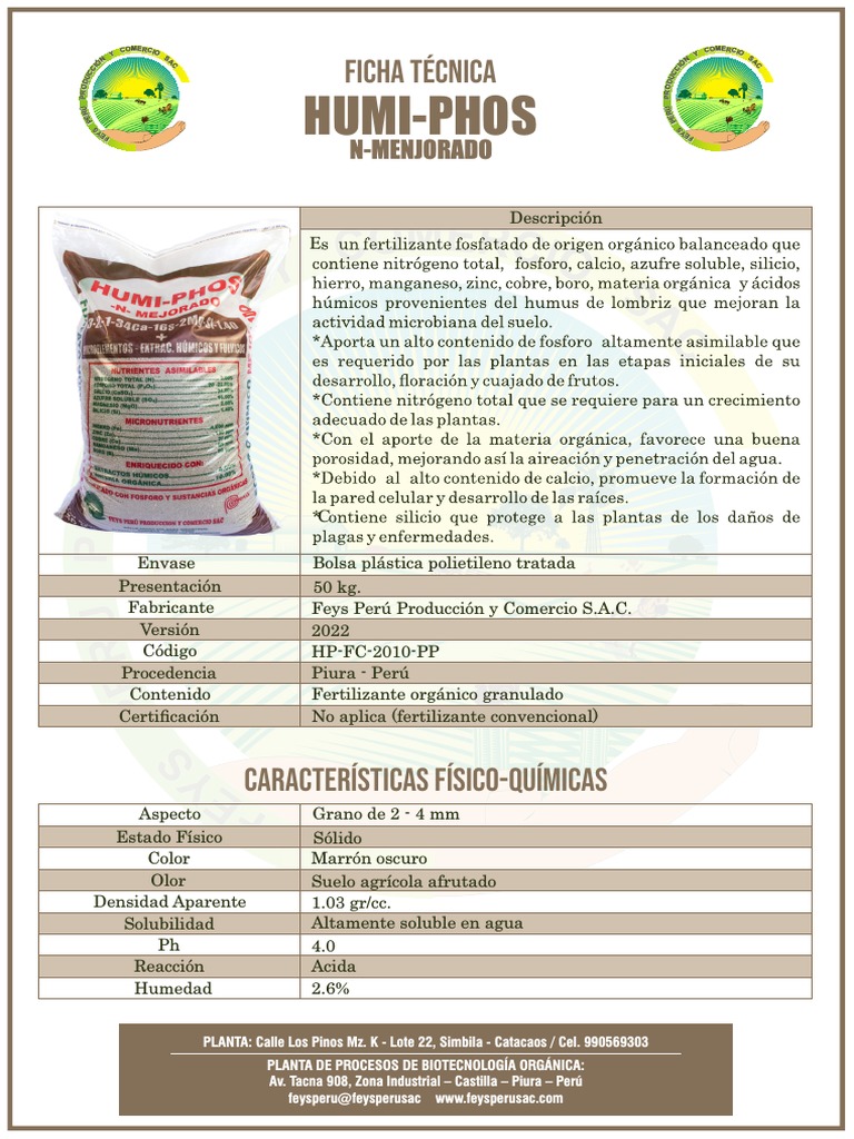 Ficha técnica de Humi-Phos N-Mejorado: Un fertilizante orgánico ...