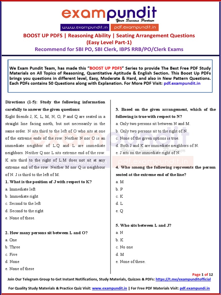 Seating Arrangement Questions Easy Level Part 1 Boost Up Pdfs | PDF | Quiz