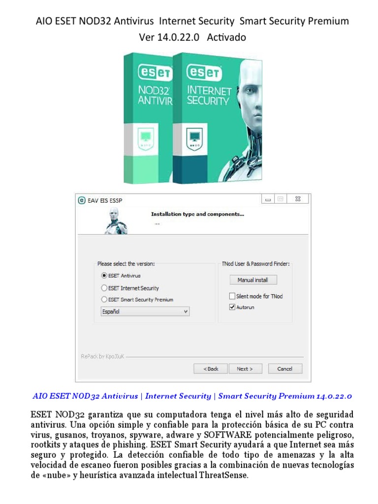 ESET NOD32 Antivirus Internet Security Smart Security Premium 14.0.22.0 Activado | PDF