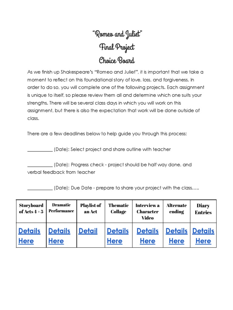 Romeo and Juliet - Choice Board Project | PDF