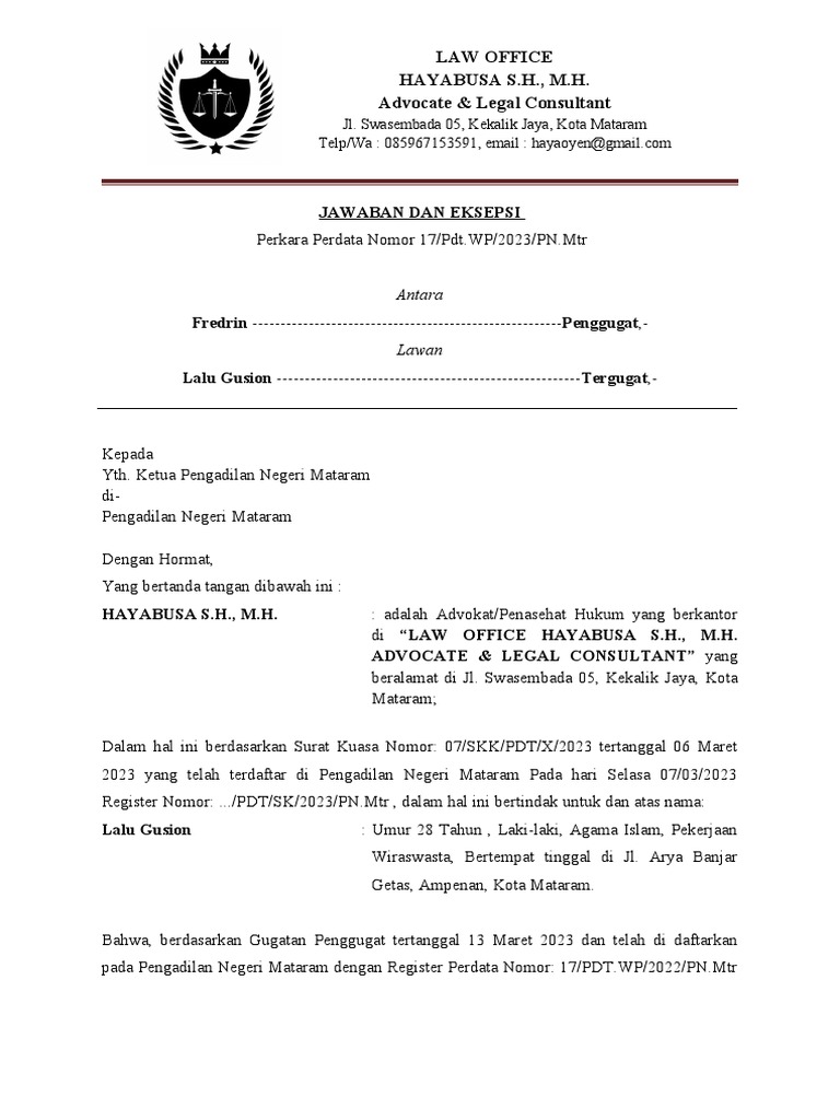 SURAT JAWABAN GUGATAN WANPRESTASI FERRY 1 | PDF