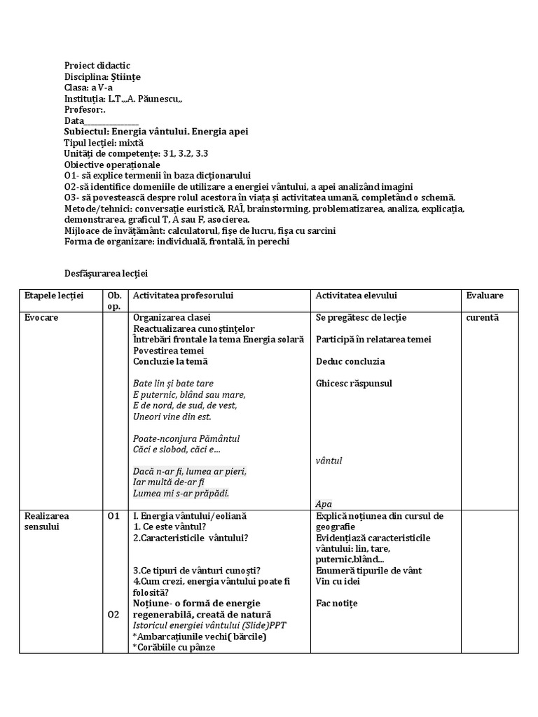 Proiect Energia Vantului Apei. Stiinte Clasa 5 | PDF