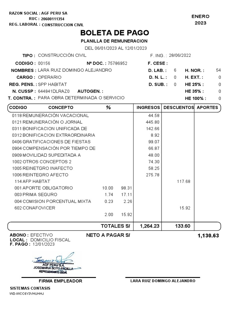 Boleta de Pago: 20600111354 Agf Peru Sa Razon Social: Ruc: Construccion ...