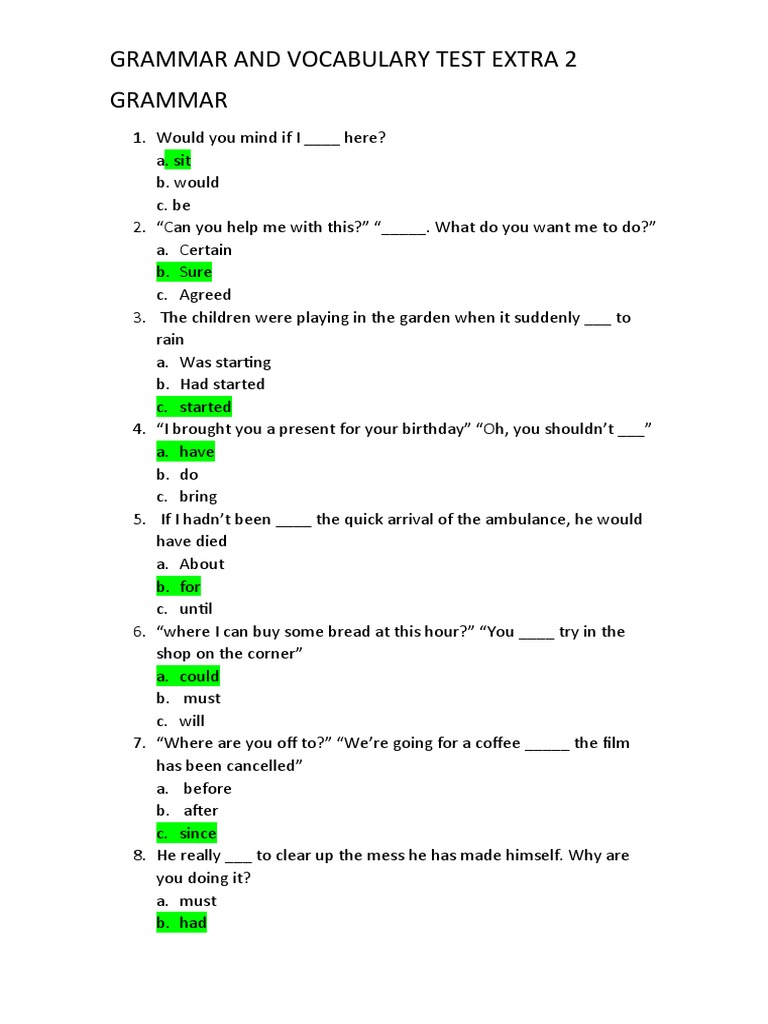 Answer. Extra 2. Grammar and Vocabulary Test | PDF