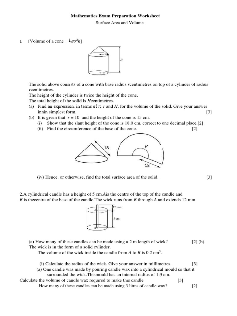 Surface Area and Volume of Solids Olevel Exam Preparation Worksheet ...