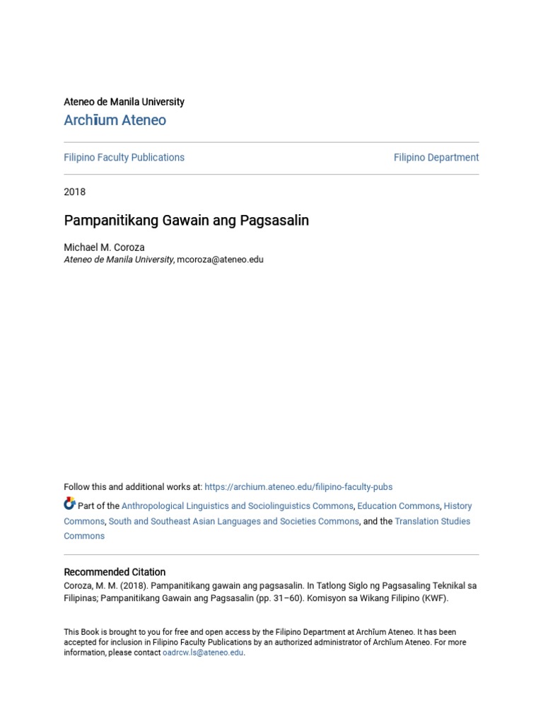 Pampanitikang Gawain Ang Pagsasalin | PDF