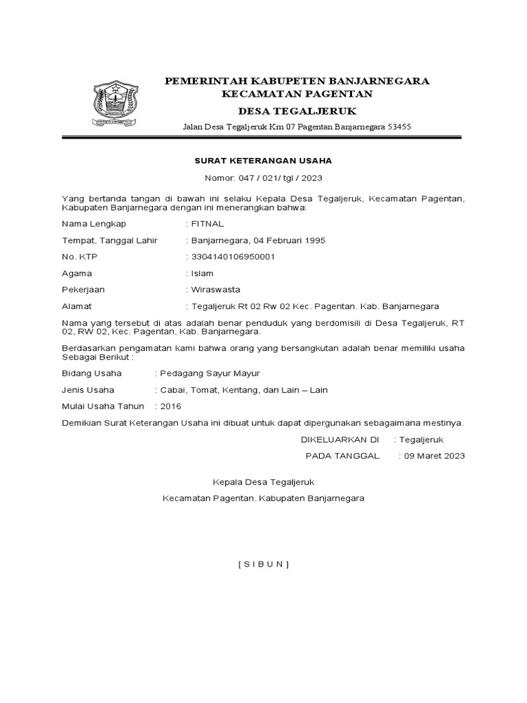 Surat Keterangan Usaha Fitnal 2023 | PDF