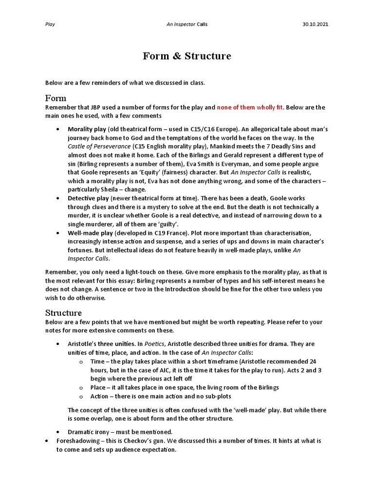 Exploring the Form and Structure of An Inspector Calls | PDF