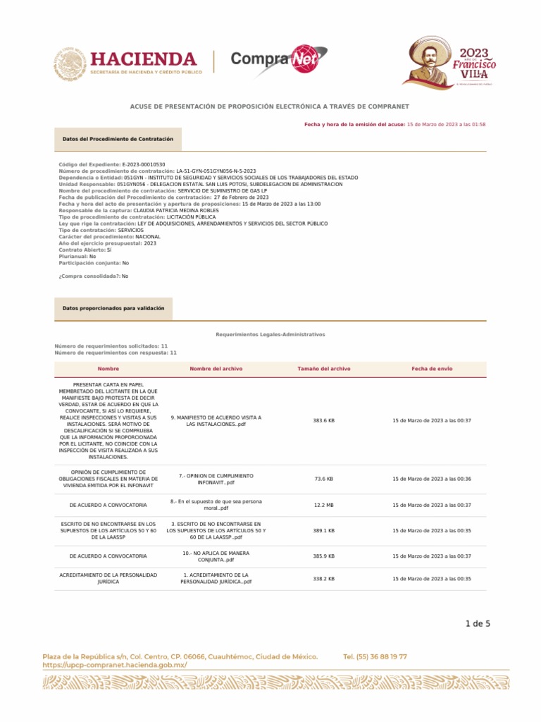 Acuse Preg LA 51 GYN 051GYN056 N 5 2023 Proveedor 1 | PDF | Economias | Business
