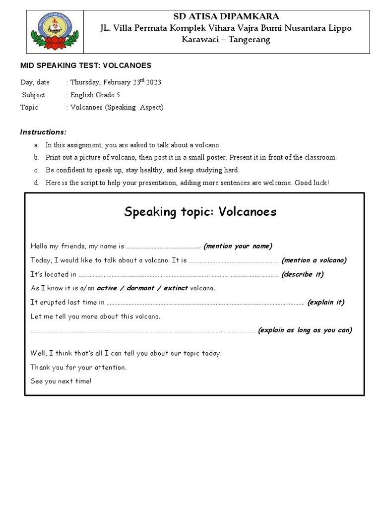 Speaking Test Grade 5 Volcanoes | PDF