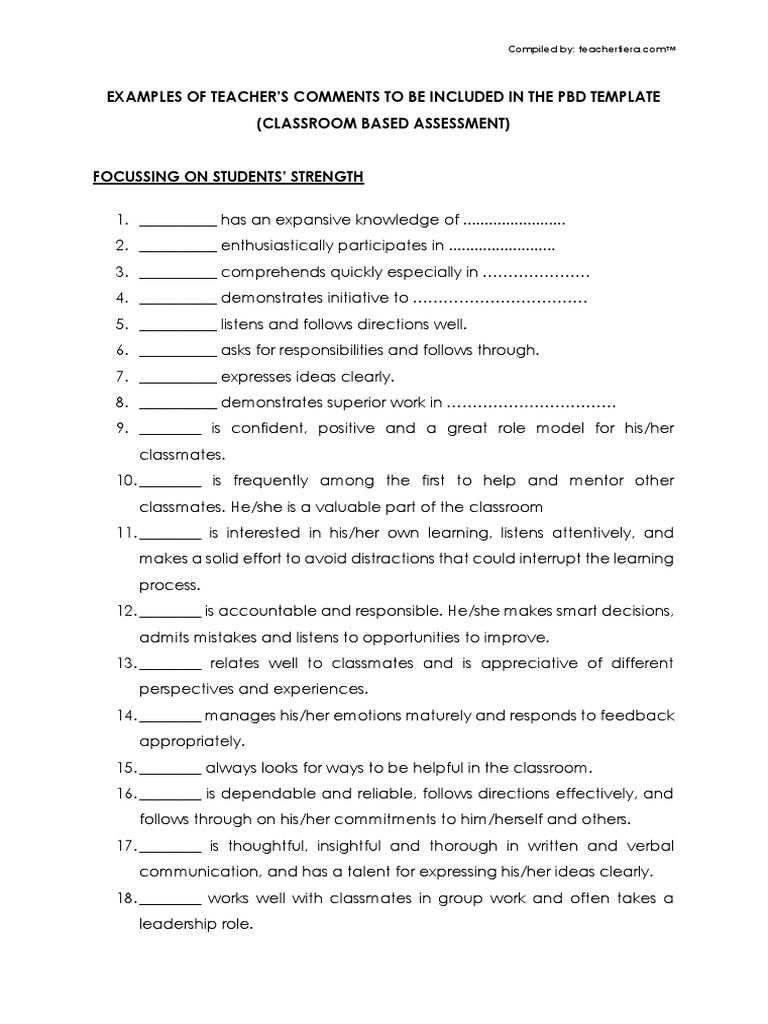 Examples of Teacher's Comments To Be Included in The PBD Template | PDF ...