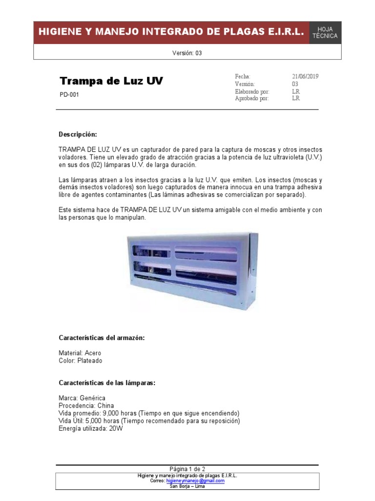 Trampa de Luz UV - Hoja Técnica | PDF | Ultravioleta | Insectos
