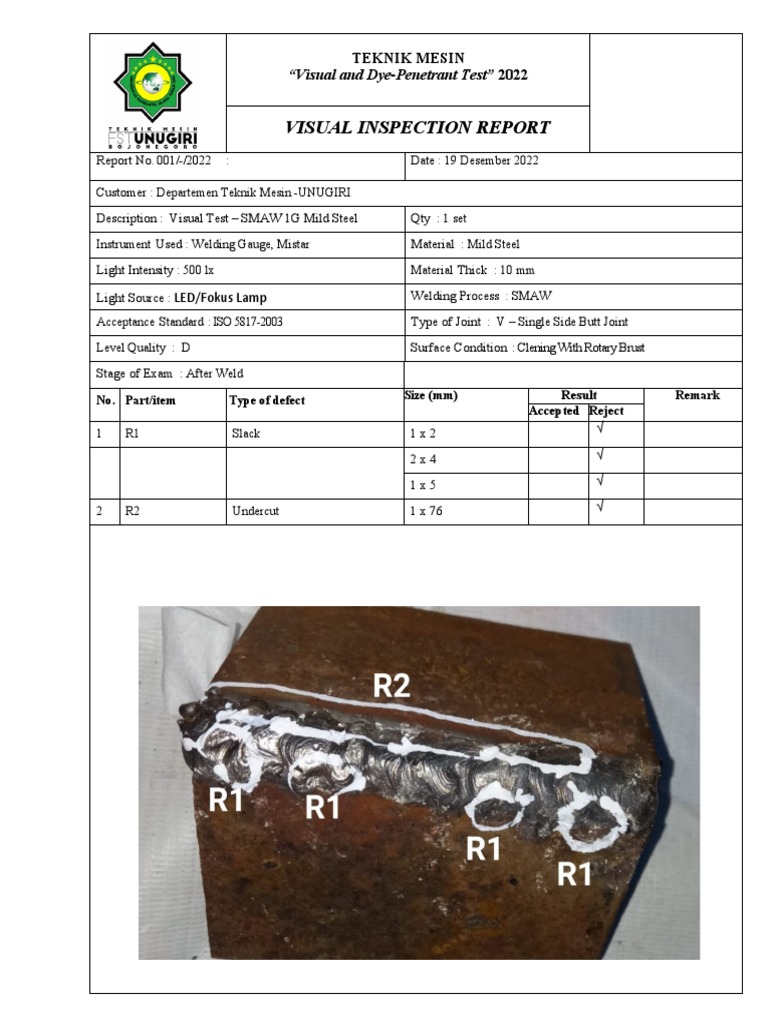 Visual Inspection Report for SMAW Tests | PDF | Welding | Construction