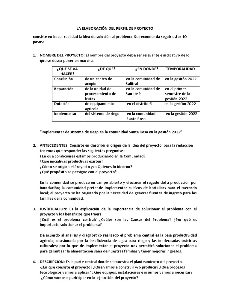 La Elaboración Del Perfil de Proyecto | PDF | Riego | Agricultura
